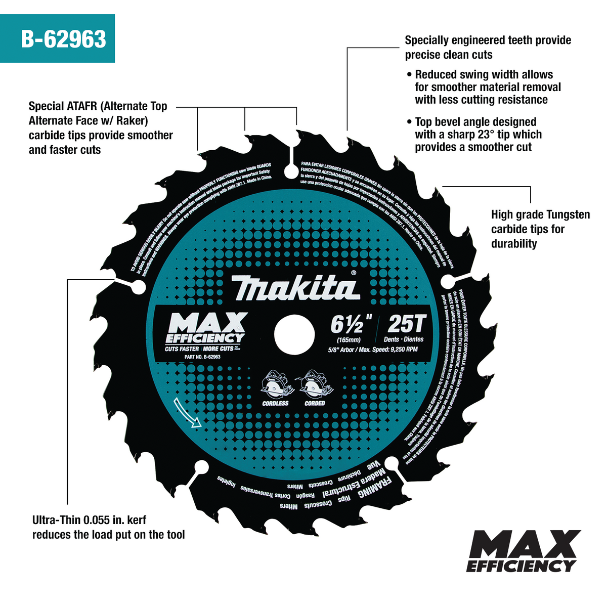 Makita 25T Carbide‑Tipped Max Efficiency Circular Saw Blade Framing ...